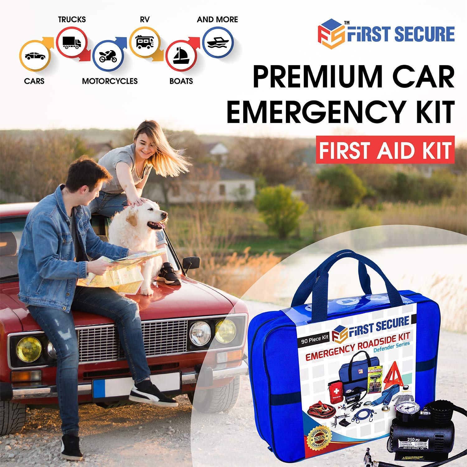 FIRST SECURE 90 Piece Car Emergency Roadside Kit Tool Set w/Safety Kit for Women & Men - Essential Safety & Survival Assistance Kit for Travel, Camping, Road Trip, Truck, SUV