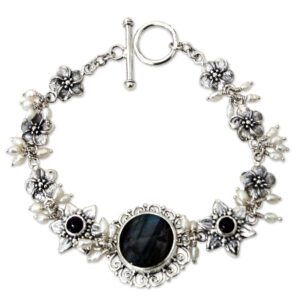 novica artisan handmade pearl labradorite flower bracelet unique sterling silver amethyst grey purple white link indonesia floral birthstone [7 in l x 0.9 in w] ' angelic'