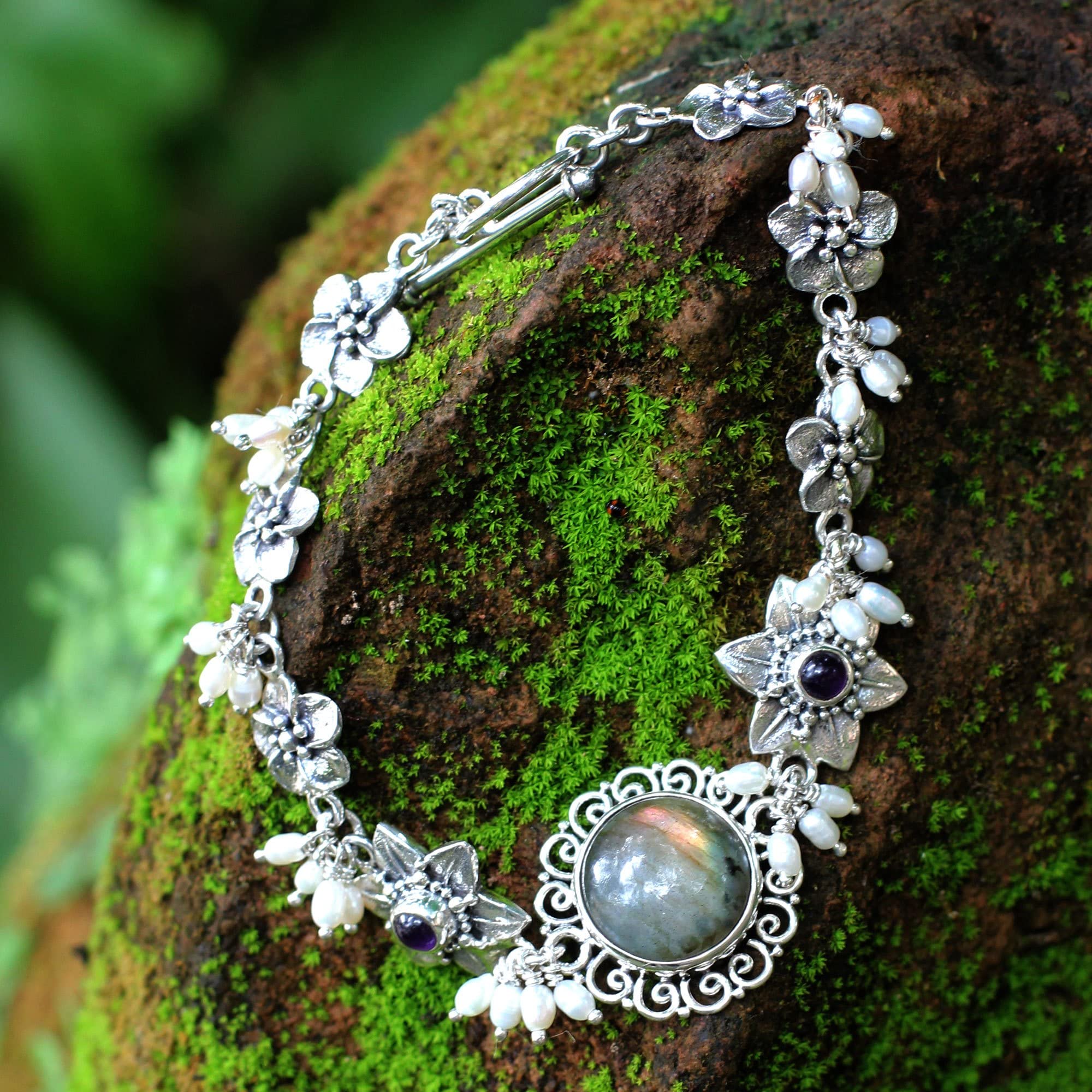 NOVICA Artisan Handmade Pearl Labradorite Flower Bracelet Unique Sterling Silver Amethyst Grey Purple White Link Indonesia Floral Birthstone [7 in L x 0.9 in W] ' Angelic'