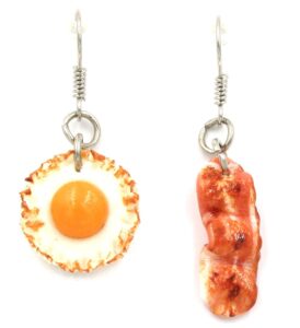 polymer clay handmade fried bacon with sunny side up egg earrings