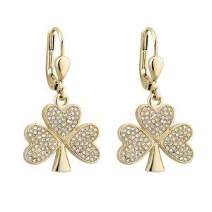 gold plated shamrock drop earrings with rhodium crystals