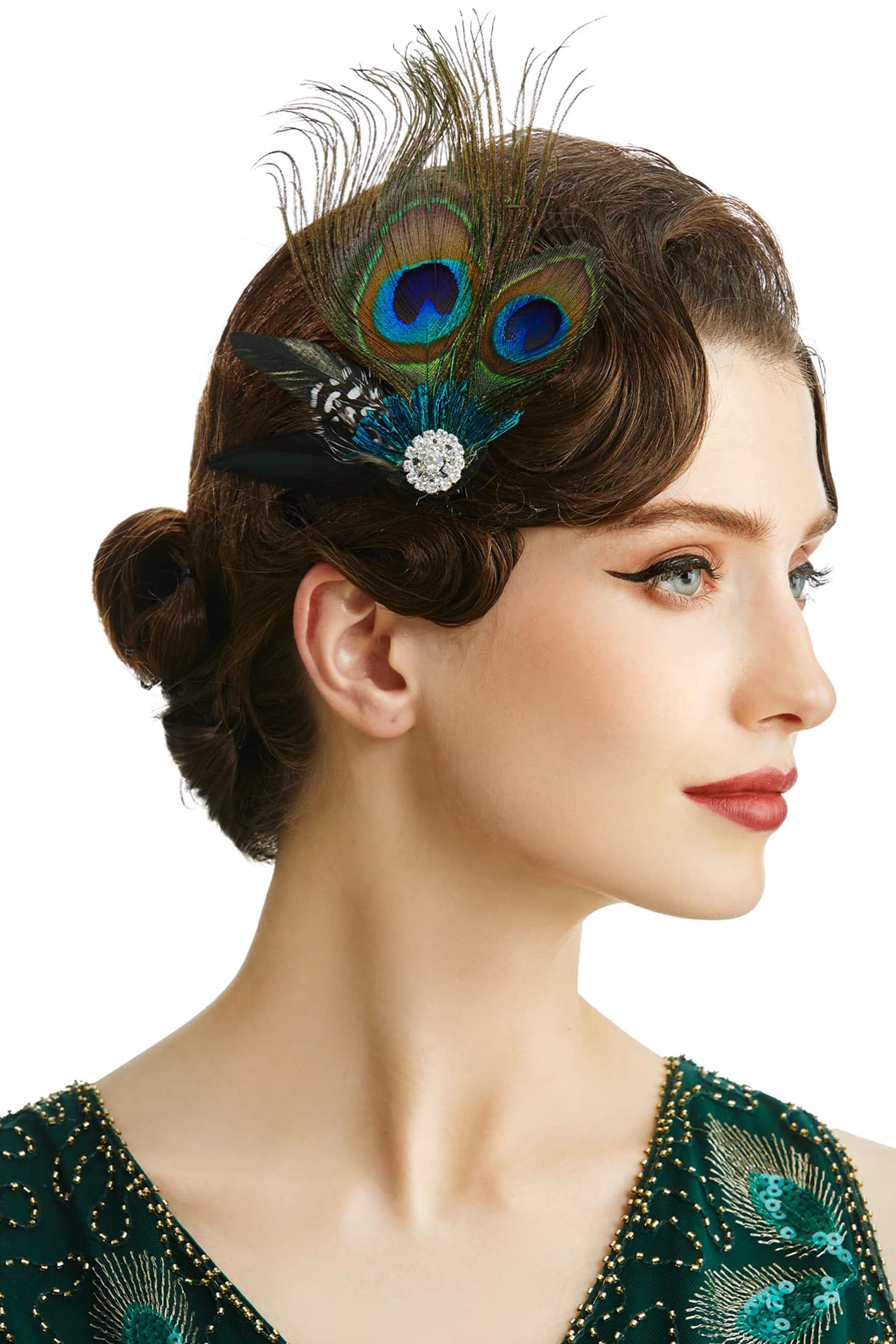 BABEYOND Peacock Feather Hair Clip Peacock Fascinator with Rhinestones Roaring 20s Peacock Flapper Fascinator 1920s Peacock Hair Accessories (Style 1)