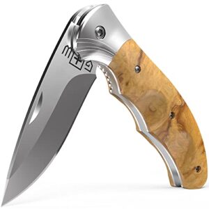 grand way pocket knife for men with wood handle, liner lock - folding sharp blade 3.54" - cool knives for camping edc - gifts for dad him - 6651