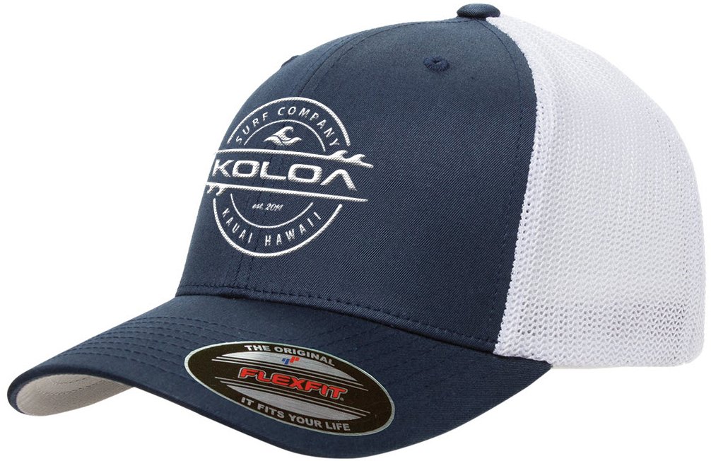 Joe's USA Koloa Surf-Premium Embroidered 34e Flexfit 6511 Truckers Caps Navy-White