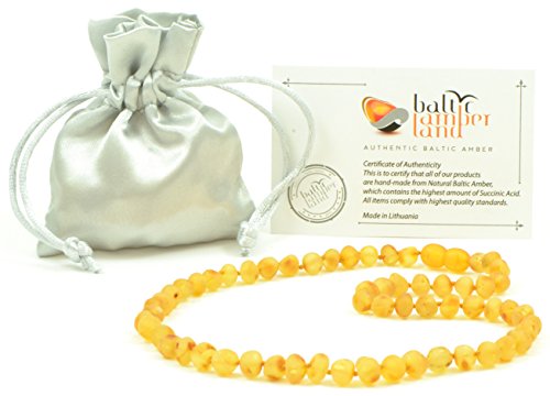 Raw Amber Necklace for Adults - Lemon Color - 17.7 Inches - Baltic Amber Land - Hand-made From Unpolished / Certified Baltic Amber Beads - Knotted - Screw Clasp (Lemon)