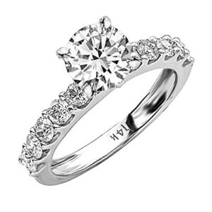 3.9 carat t.w. 14k white gold classic side stone prong set diamond engagement ring with a 3 ct forever brilliant round moissanite center