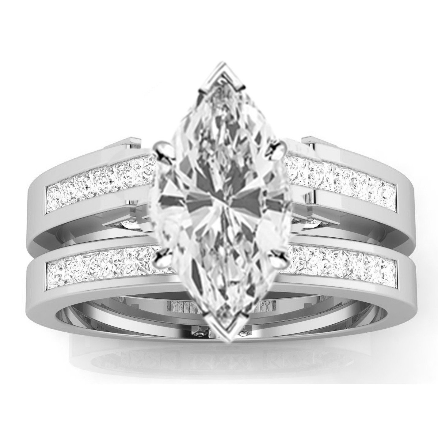 1.45 Carat t.w. 14k White Gold Channel Set Princess Cut Diamond Engagement Ring with a 1 Ct Forever Classic Marquise Moissanite Center