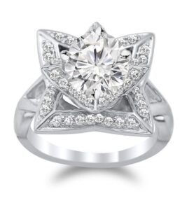 1 carat t.w. 14k white gold lotus flower diamond engagement ring with a 0.5 ct forever brilliant round moissanite center