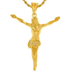 lifetime jewelry cross necklace, jesus pendant, 24k gold over bronze with cubic zirconia (with or without chain) (gold pendant & chain)