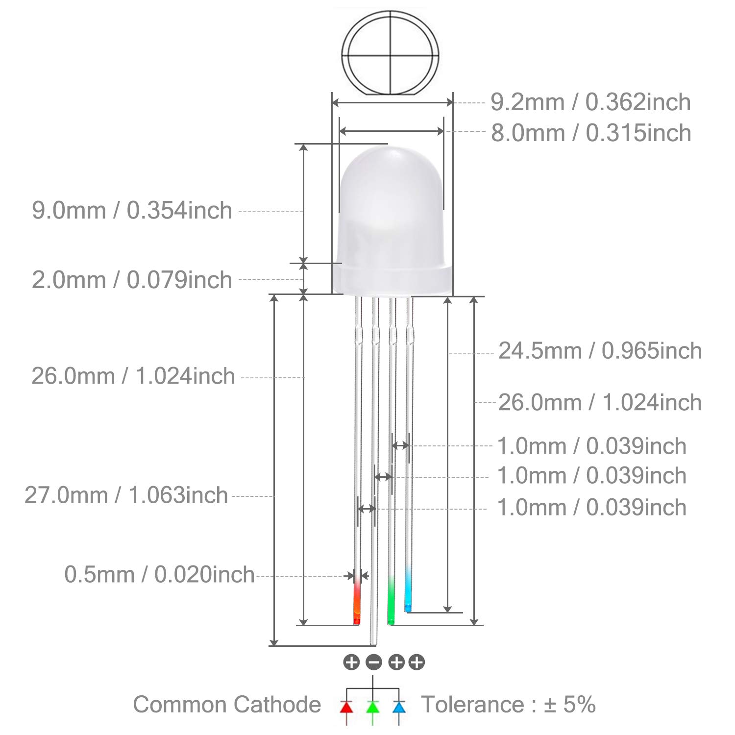 CHANZON 50 pcs 8mm RGB Multicolor Diffused LED Diode Lights Common Cathode(Frosted Round 3 Color) 4 pin Bright Lighting Bulb Lamps Electronics Components Indicator Light Emitting Diodes