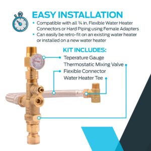 Cash Acme 3/4 Inch Tank Booster Water Heater with Thermostatic Mixing Valve, Temperature Gauge, Braided Hose, Domestic and Commercial Application, PEX Pipe, PE-RT, CPVC, Copper, 24644