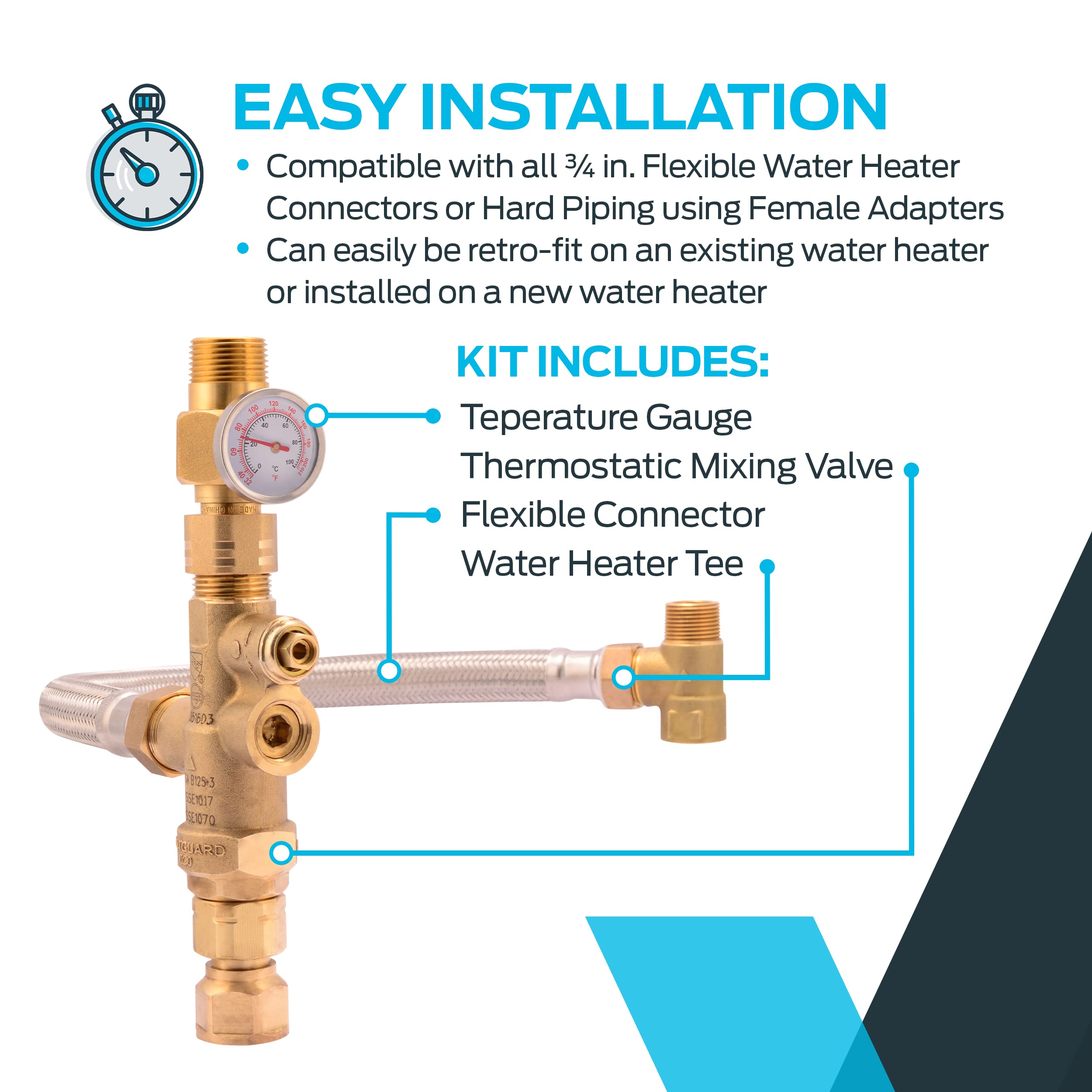 Cash Acme 3/4 Inch Tank Booster Water Heater with Thermostatic Mixing Valve, Temperature Gauge, Braided Hose, Domestic and Commercial Application, PEX Pipe, PE-RT, CPVC, Copper, 24644