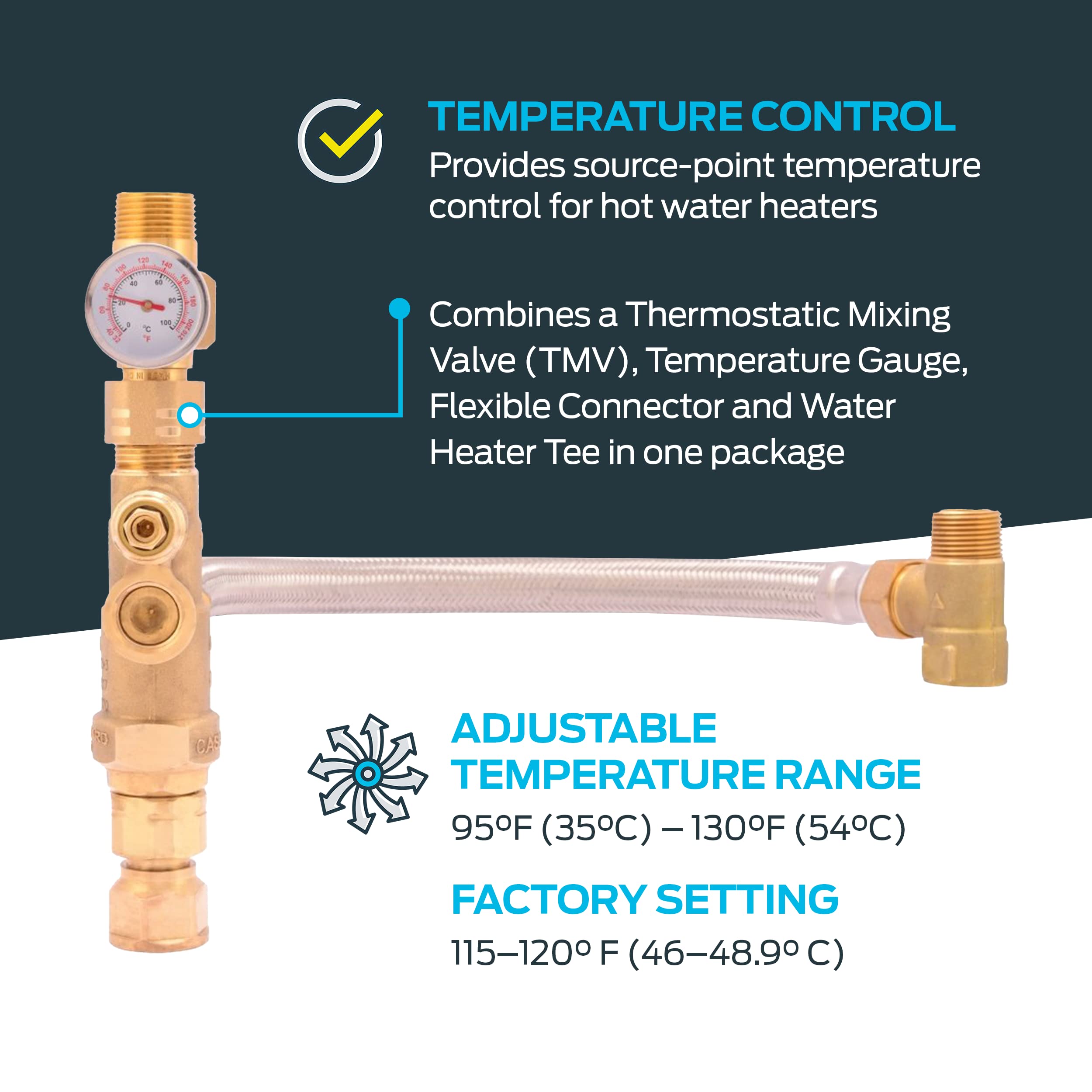 Cash Acme 3/4 Inch Tank Booster Water Heater with Thermostatic Mixing Valve, Temperature Gauge, Braided Hose, Domestic and Commercial Application, PEX Pipe, PE-RT, CPVC, Copper, 24644