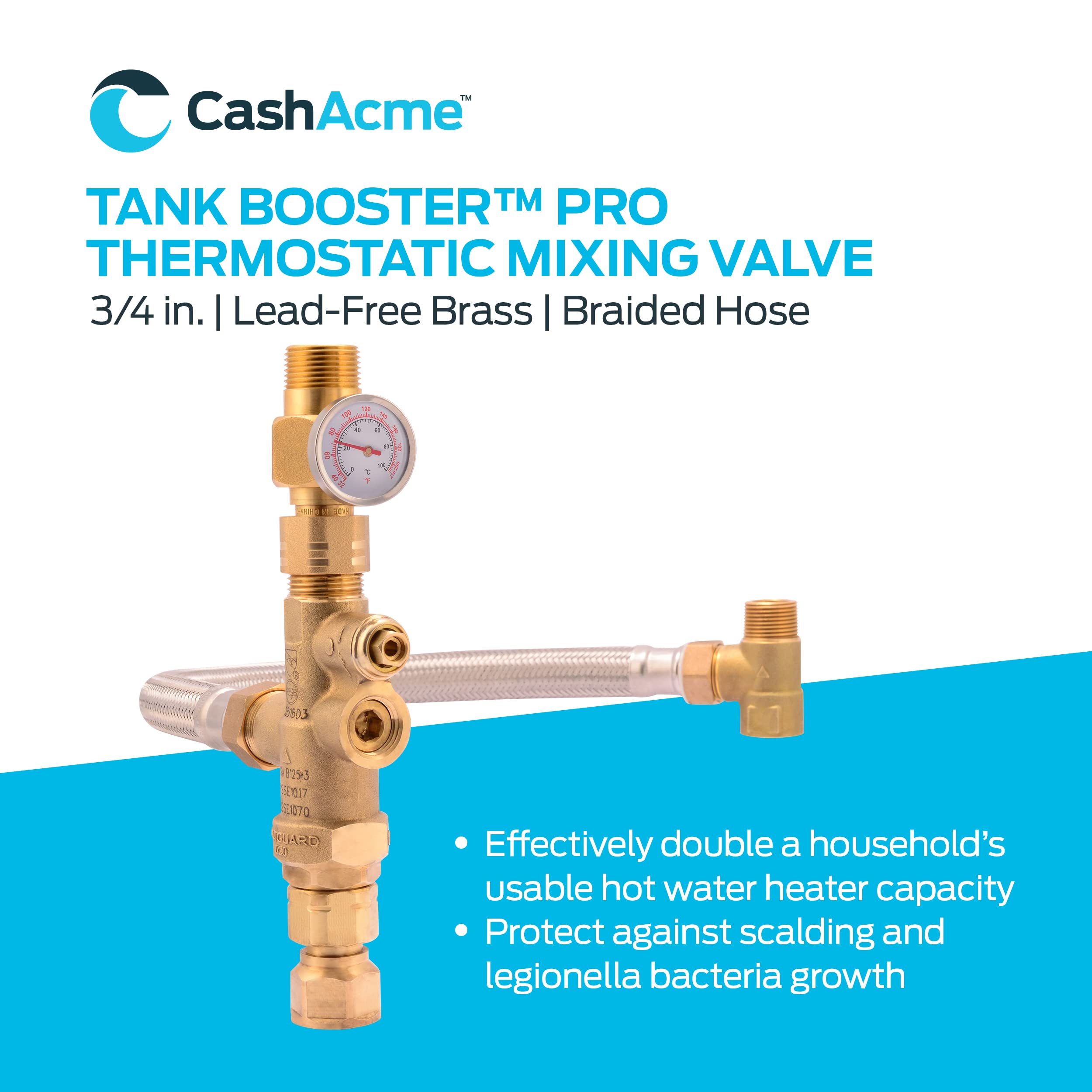 Cash Acme 3/4 Inch Tank Booster Water Heater with Thermostatic Mixing Valve, Temperature Gauge, Braided Hose, Domestic and Commercial Application, PEX Pipe, PE-RT, CPVC, Copper, 24644