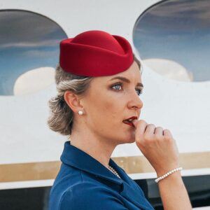 YING LAN Wool Cap Stewardess Pillbox Hat Teardrop Fascinator Base Sweet Red