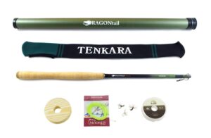 dragontail tenkara hellbender big fish zoom 13' / 11.3' tenkara rod plus complete starter package – flies, leader, tippet, line holder, storage tube, and rod sock