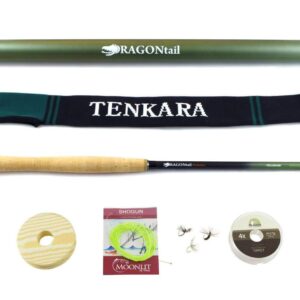 DRAGONtail Tenkara Hellbender Big Fish Zoom 13' / 11.3' Tenkara Rod Plus Complete Starter Package – Flies, Leader, Tippet, Line Holder, Storage Tube, and Rod Sock