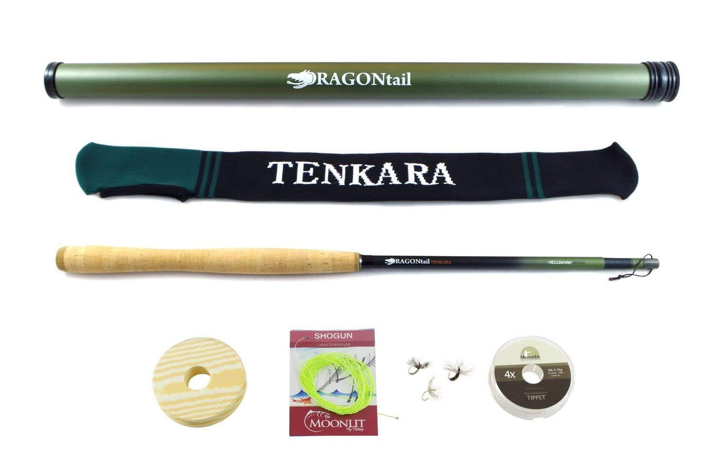 DRAGONtail Tenkara Hellbender Big Fish Zoom 13' / 11.3' Tenkara Rod Plus Complete Starter Package – Flies, Leader, Tippet, Line Holder, Storage Tube, and Rod Sock