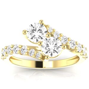 near 1 carat t.w. twisting pave set 2rue love 2 stone collection round 14k yellow gold diamond engagement ring (j-k color, i2 claritycenter stones)