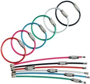 bayite key rings stainless steel wire keychains cable heavy duty luggage tags loops tag keepers 2mm twist barrel pack of 12 (cable length: 4 inches), multiple color