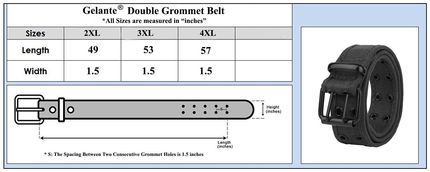 Gelante Canvas Double Grommet Hole Belt 12 Colors Black Large