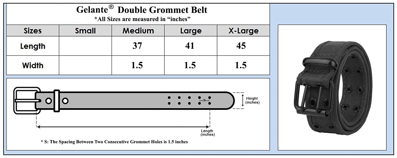 Gelante Canvas Double Grommet Hole Belt 12 Colors Black Large