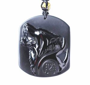 excellent natural obsidian wolf's head charm wish good luck beaded pendant necklace