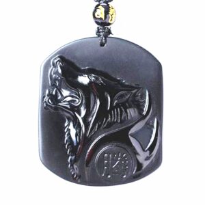 Excellent Natural Obsidian Wolf's Head Charm Wish Good Luck Beaded Pendant Necklace