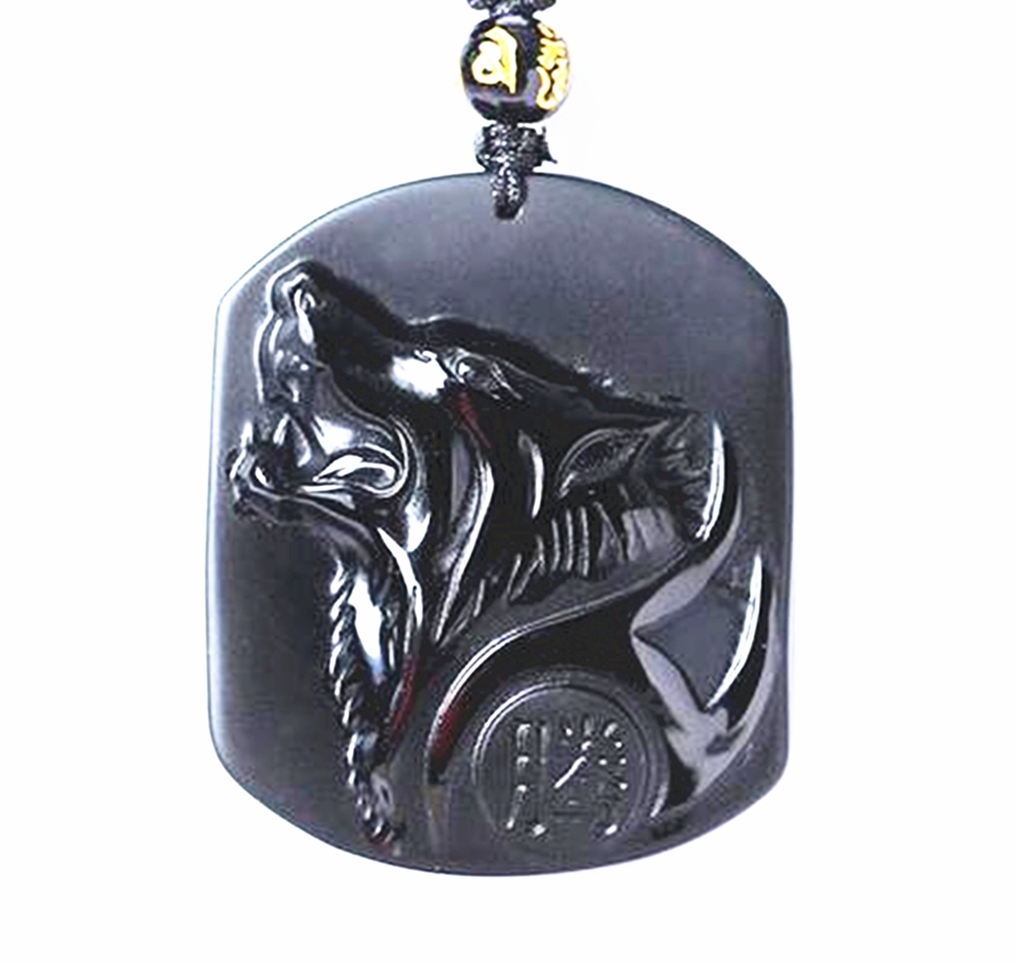 Excellent Natural Obsidian Wolf's Head Charm Wish Good Luck Beaded Pendant Necklace