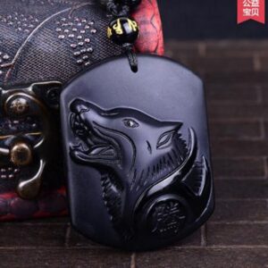 Excellent Natural Obsidian Wolf's Head Charm Wish Good Luck Beaded Pendant Necklace