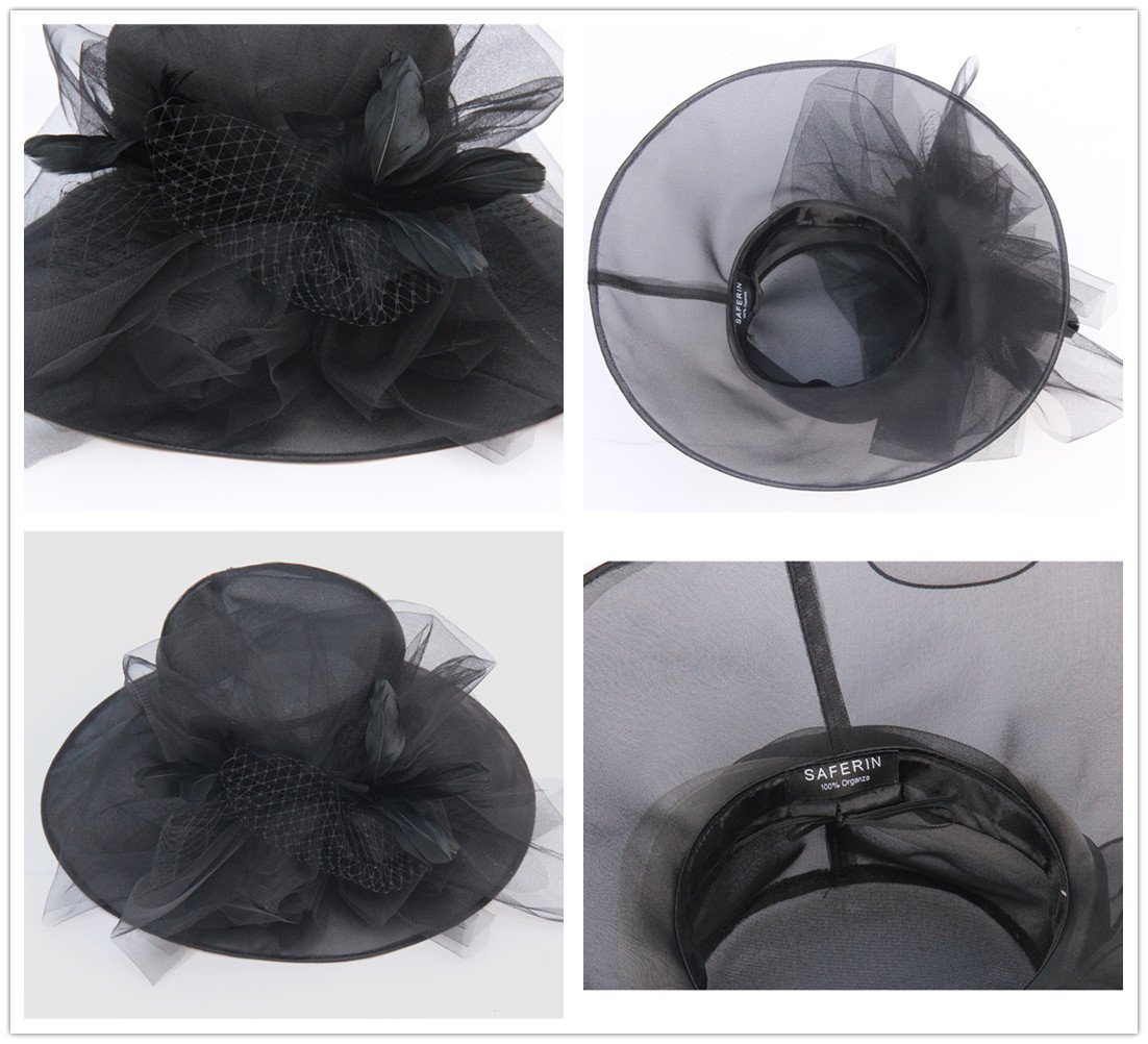 Saferin Womens Church Dress Kentucky Derby Wedding Veil Floral Tea Party Hat Black Feather Mesh Flower Free size