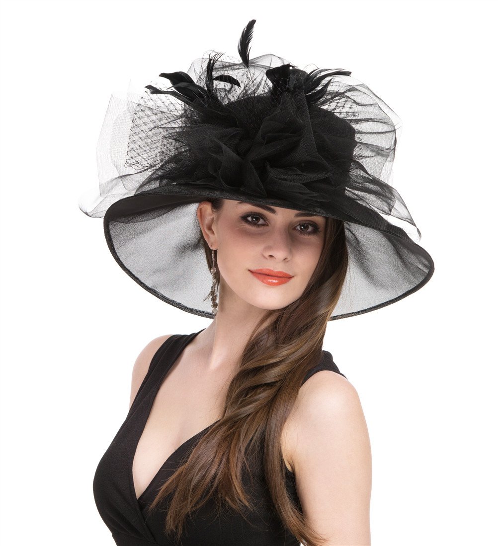 Saferin Womens Church Dress Kentucky Derby Wedding Veil Floral Tea Party Hat Black Feather Mesh Flower Free size