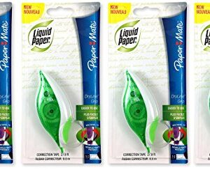 Paper Mate 660415 Liquid Paper DryLine Grip Correction Tape Dispenser, Pack of 4; Transparent Green Body; 1/5 inches Wide x 27.8 feet Long White Tape; Applies Dry, Rewrite Instantly; Swivel Tip