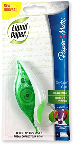 Paper Mate 660415 Liquid Paper DryLine Grip Correction Tape Dispenser, Pack of 4; Transparent Green Body; 1/5 inches Wide x 27.8 feet Long White Tape; Applies Dry, Rewrite Instantly; Swivel Tip