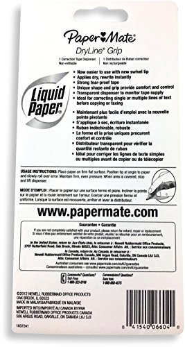 Paper Mate 660415 Liquid Paper DryLine Grip Correction Tape Dispenser, Pack of 4; Transparent Green Body; 1/5 inches Wide x 27.8 feet Long White Tape; Applies Dry, Rewrite Instantly; Swivel Tip