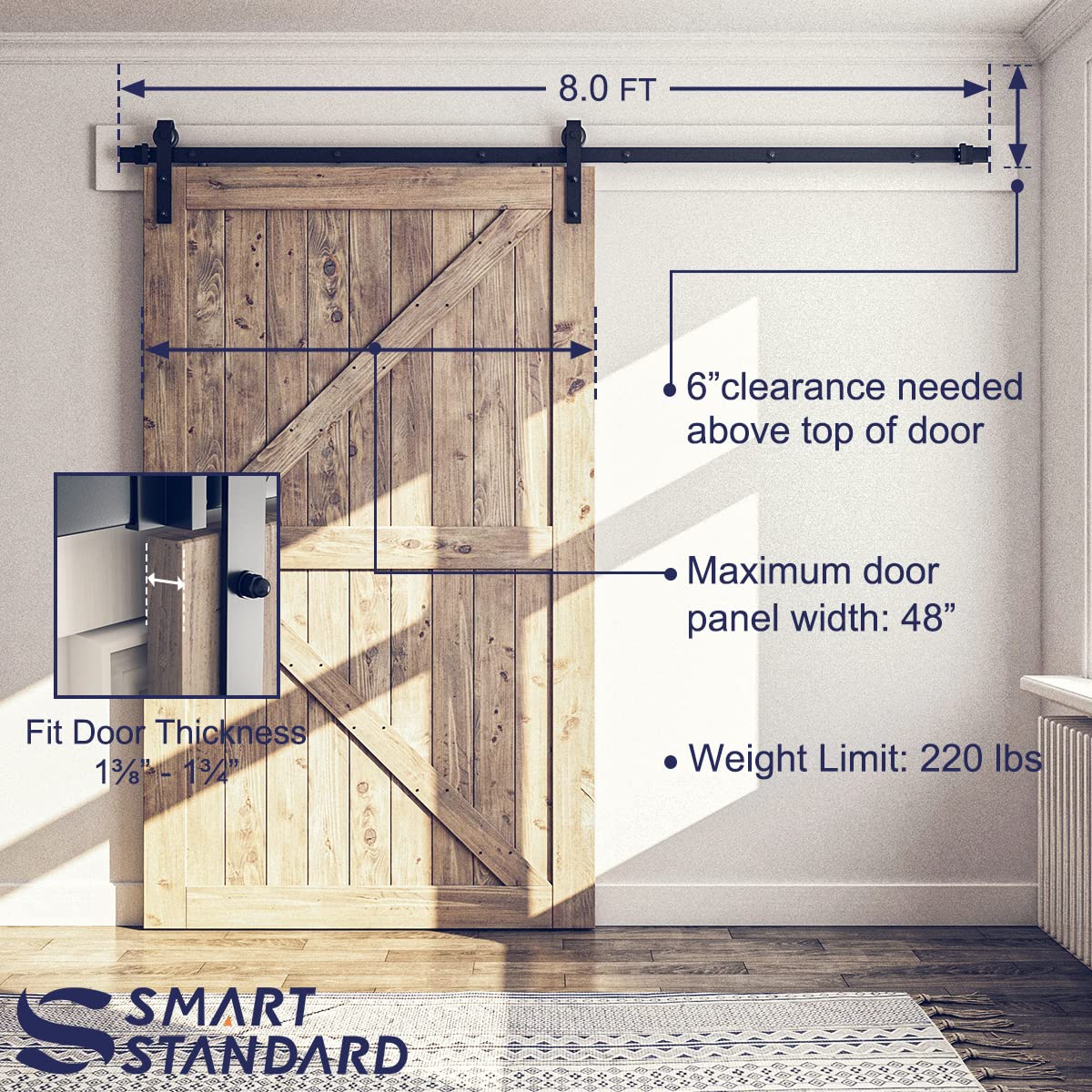 SMARTSTANDARD 8 FT Barn Door Hardware Kit -Sliding Barn Door Track - Smooth and Quiet - Easy to Install - includes Step-by-Step Installation Instructions - Fits 48" Wide Door Panel (J Shape Hanger)