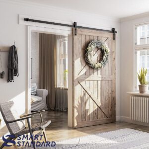 SMARTSTANDARD 8 FT Barn Door Hardware Kit -Sliding Barn Door Track - Smooth and Quiet - Easy to Install - includes Step-by-Step Installation Instructions - Fits 48" Wide Door Panel (J Shape Hanger)