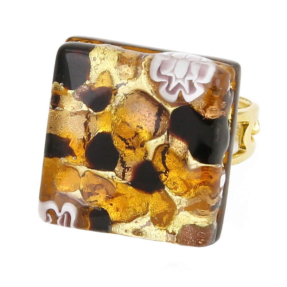 GlassOfVenice Murano Glass Venetian Reflections Square Adjustable Ring - Topaz Gold