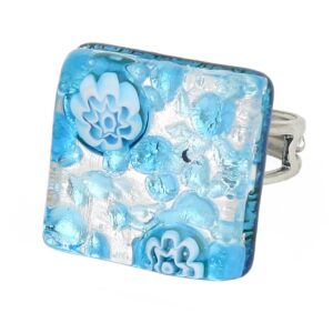 glass of venice murano glass ring - square adjustable ring in aqua blue lined with silver leaf. blown glass - murano glass rings for women handmade in italy