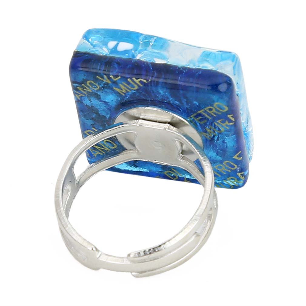 Glass Of Venice Murano Glass Ring - Square Adjustable Ring in Aqua Blue Lined with Silver Leaf. Blown Glass - Murano Glass Rings for Women Handmade in Italy