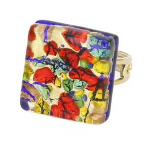 glass of venice murano glass ring 3/4-inch - square adjustable size ring in gold, red, and green, lined with gold leaf. blown glass - murano glass rings for women handmade in italy