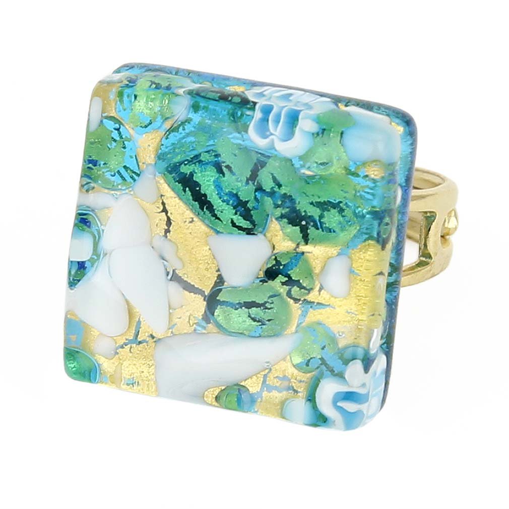 GlassOfVenice Murano Glass Venetian Reflections Square Adjustable Ring - Aqua Gold