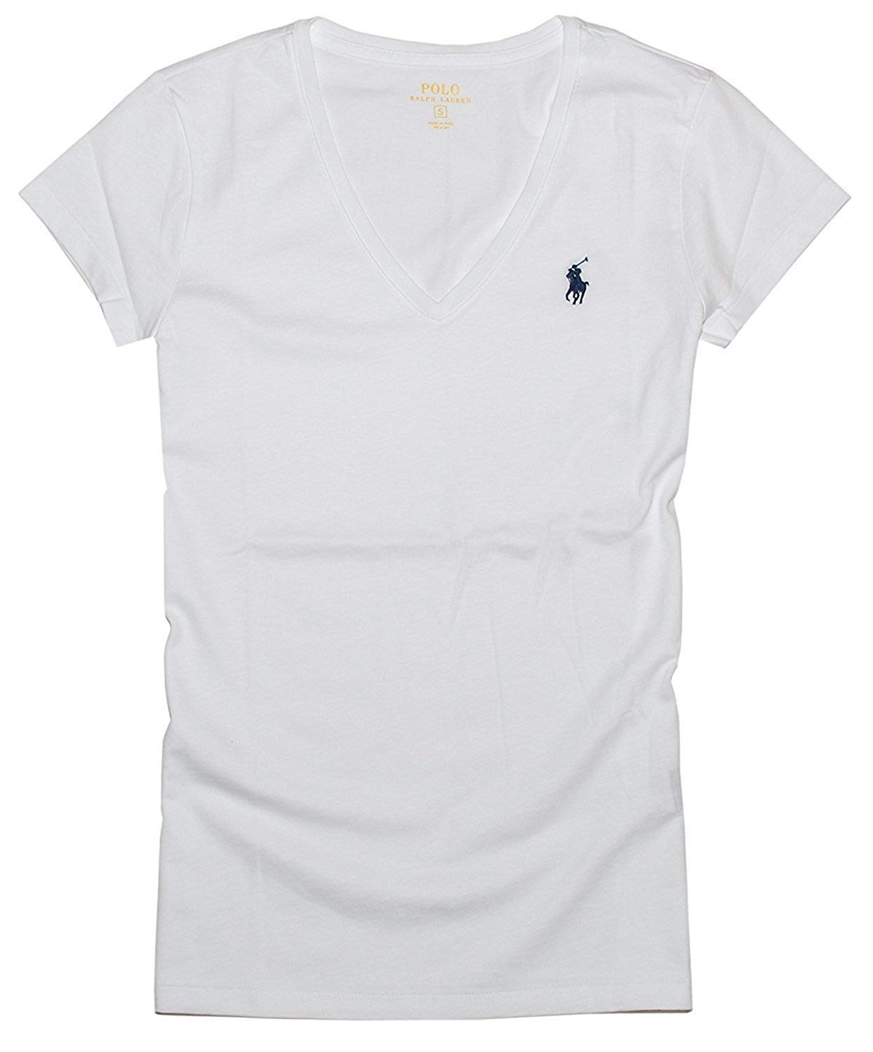 Polo Ralph Lauren Women Cotton V-neck Logo Tee (L, White)