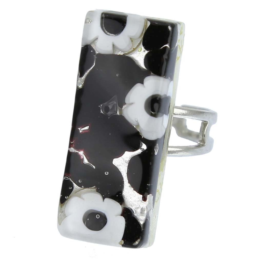 GlassOfVenice Murano Glass Venetian Reflections Rectangular Adjustable Ring - Dark Purple Silver