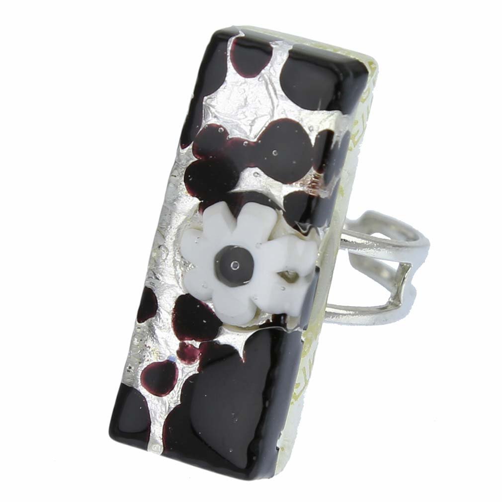 GlassOfVenice Murano Glass Venetian Reflections Rectangular Adjustable Ring - Dark Purple Silver