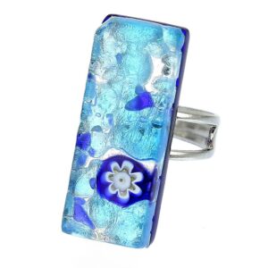 glassofvenice murano glass venetian reflections rectangular adjustable ring - aqua blue