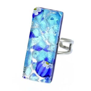 GlassOfVenice Murano Glass Venetian Reflections Rectangular Adjustable Ring - Aqua Blue