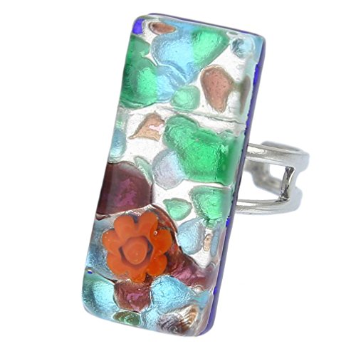 GlassOfVenice Murano Glass Venetian Reflections Rectangular Adjustable Ring - Silver Meadow