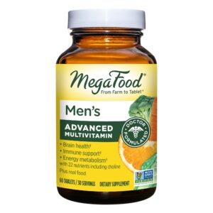 megafood men's advanced multivitamin for men - doctor -formulated - choline, vitamin b12, vitamin d, vitamin c & zinc - brain health & immune support - non-gmo - vegetarian - 60 tabs (30 servings)