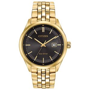 citizen men's classic addysen eco-drive watch, 3-hand date, sapphire crystal, gold tone/black dial